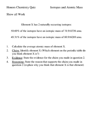 Atomic Mass CERD quiz - Honors Chemistry Quiz Isotopes and Atomic Mass ...