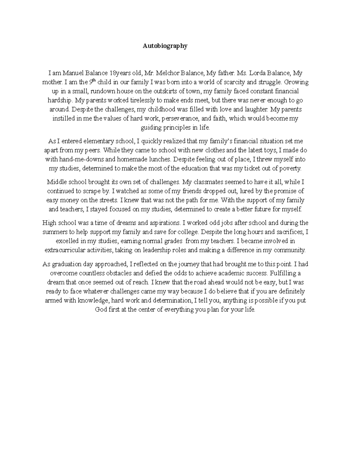 My Autobiography (CN-F) - Autobiography I am Manuel Balance 18years old ...