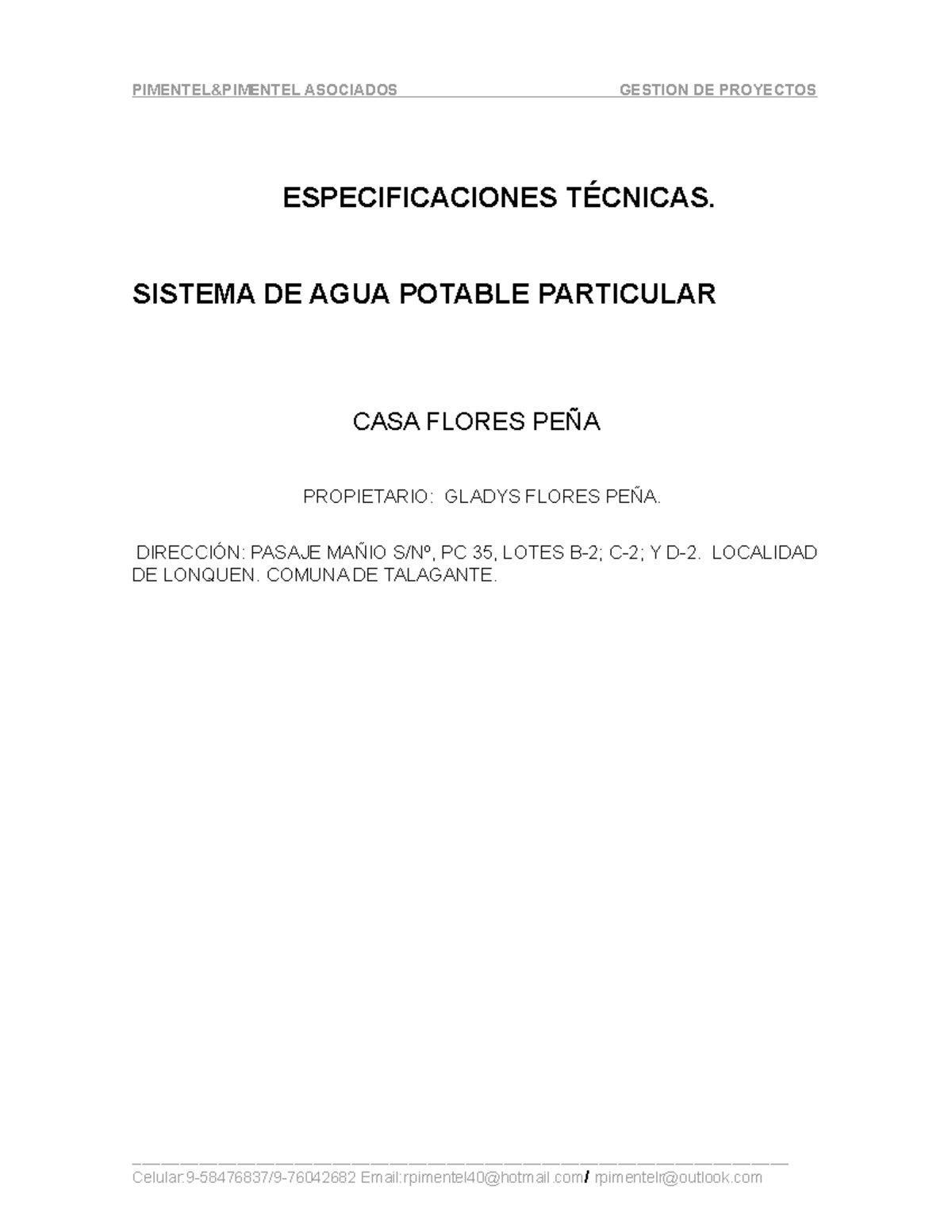 EE.TT AGUA Potable Particular - ESPECIFICACIONES TÉCNICAS. SISTEMA DE AGUA POTABLE PARTICULAR ...