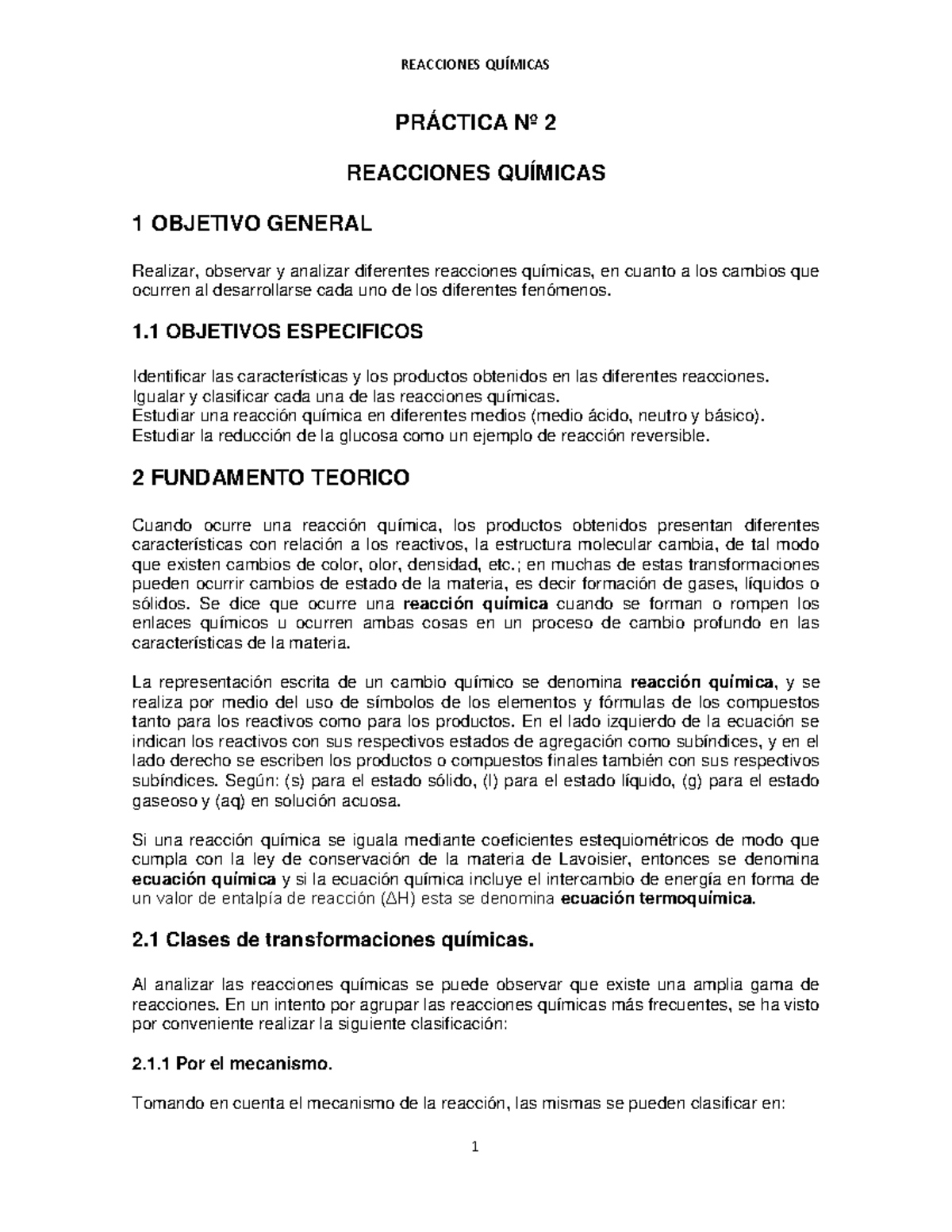 GUIA LABO 2 - Guia de laboratorio - PRÁCTICA Nº 2 REACCIONES QUÍMICAS 1 OBJETIVO GENERAL ...