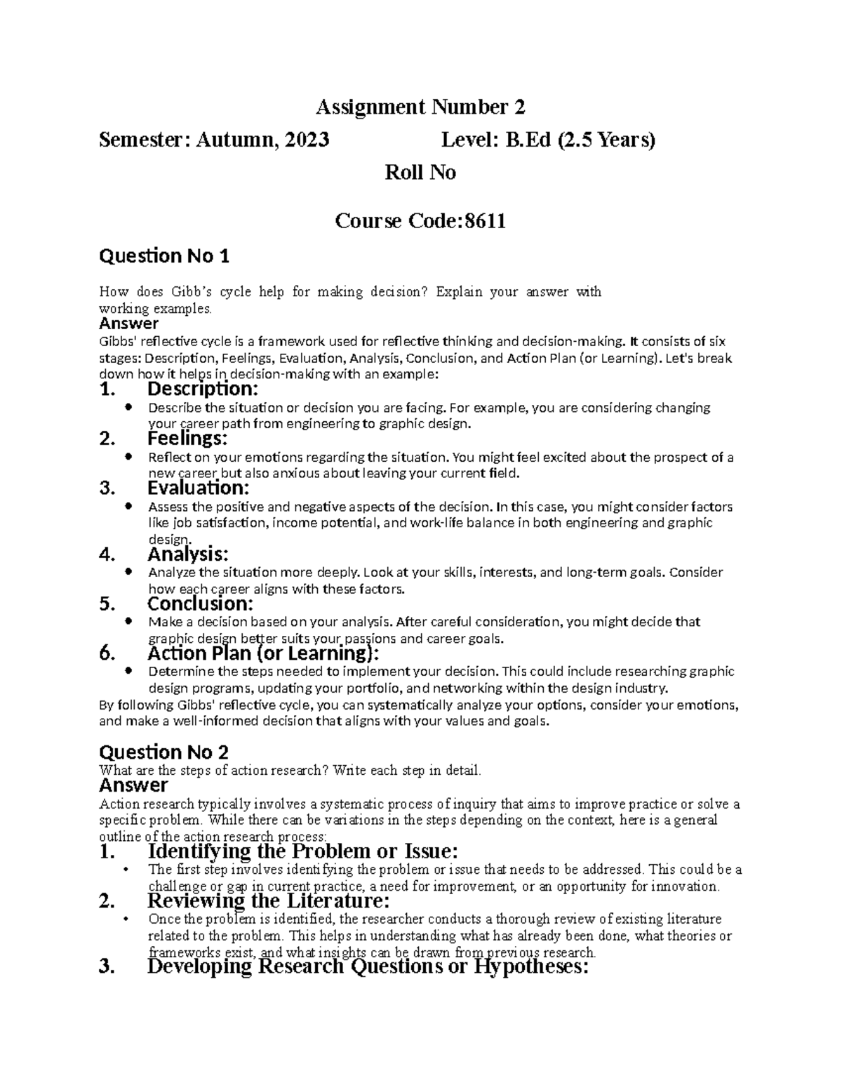 Assignment 1. 2 Autom 2023 Code 8611 - Assignment Number 2 Semester: Autumn, 2023 Level: B (2 ...