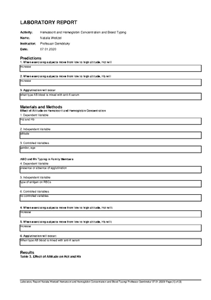Lab report (Blood Glucose Reg) - LABORATORY REPORT Activity: Blood ...