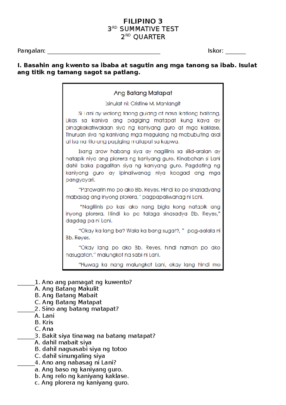 FIL3 ST3 Q2 - DAILY LESSON LOG - FILIPINO 3 3 RD SUMMATIVE TEST 2 ND ...