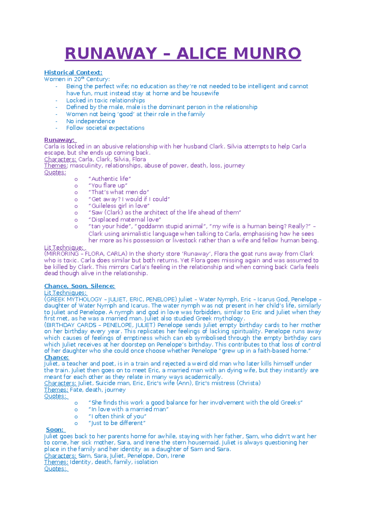 Runaway Notes - RUNAWAY – ALICE MUNRO Historical Context: Women in 20th ...