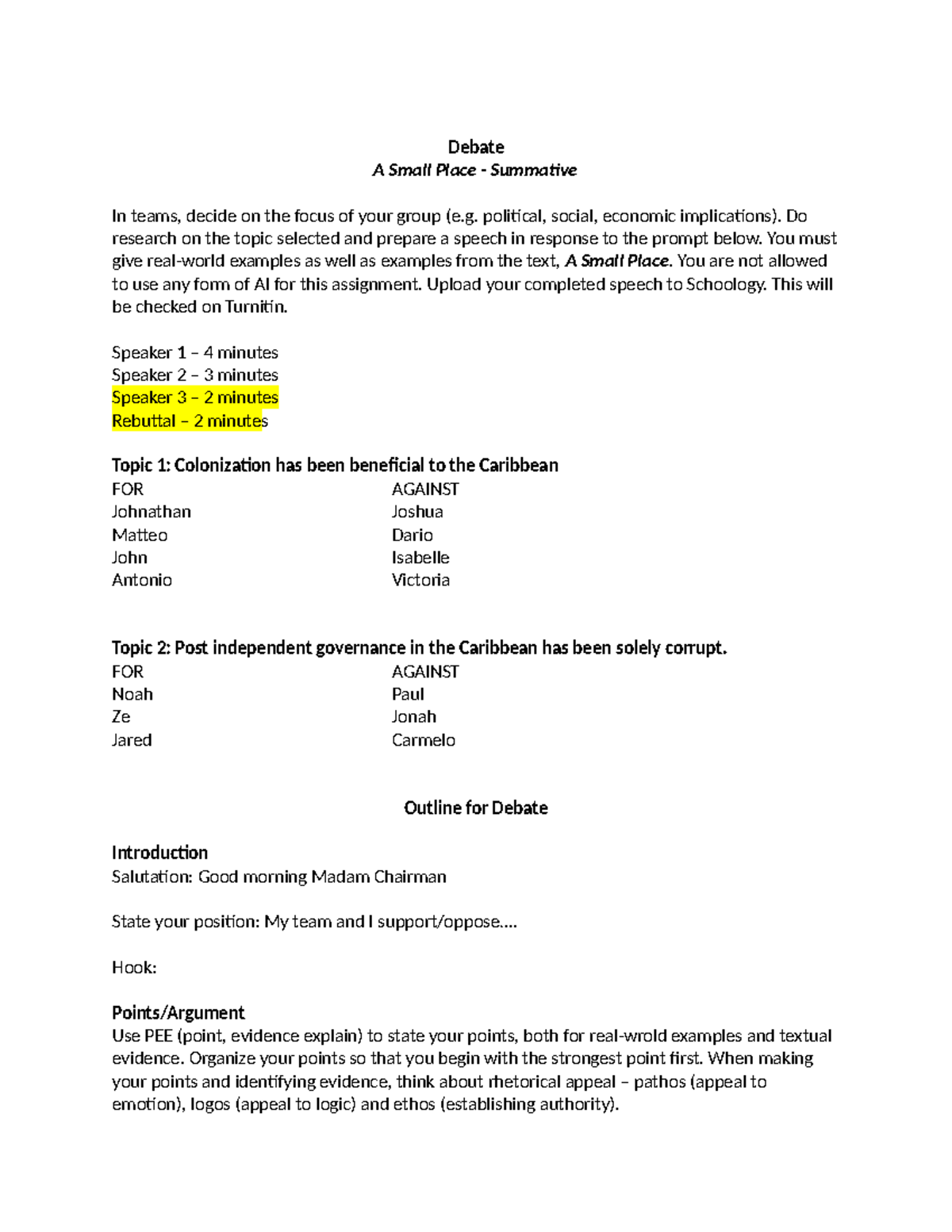 A Small Place Debate 10G 2024 - Debate A Small Place - Summative In ...