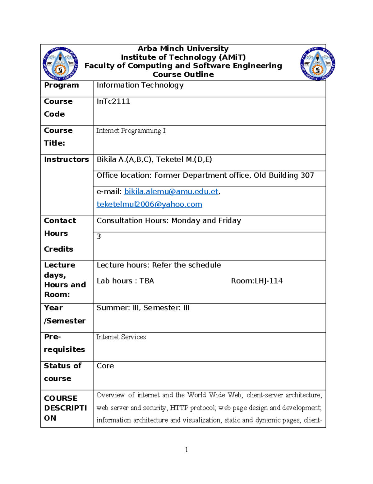 IP-1 course outline - Html - Arba Minch University Institute of Technology (AMiT) Faculty of ...