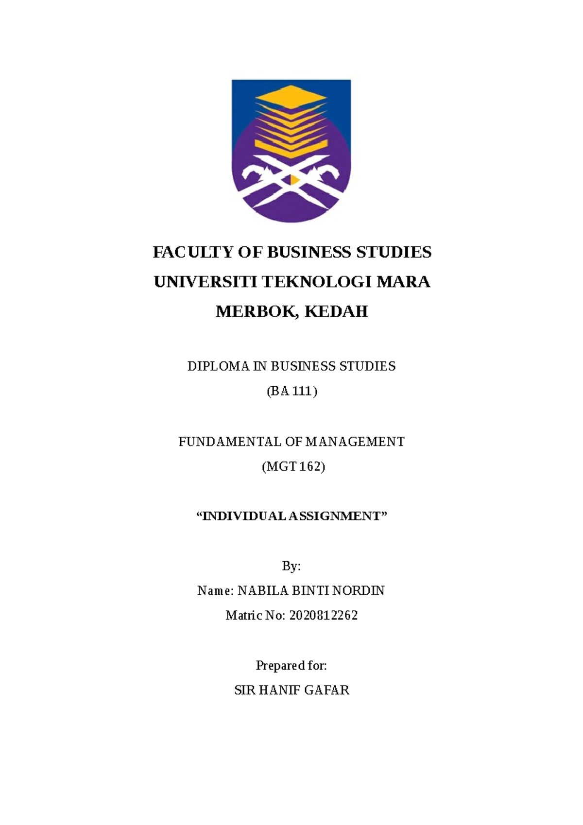 Assignment MGT162 Individual - FACULTY OF BUSINESS STUDIES UNIVERSITI ...