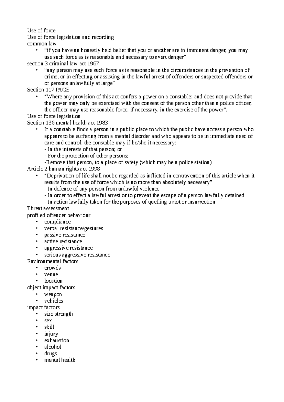 Use of force - Lecture notes 3 - Use of force Use of force legislation ...