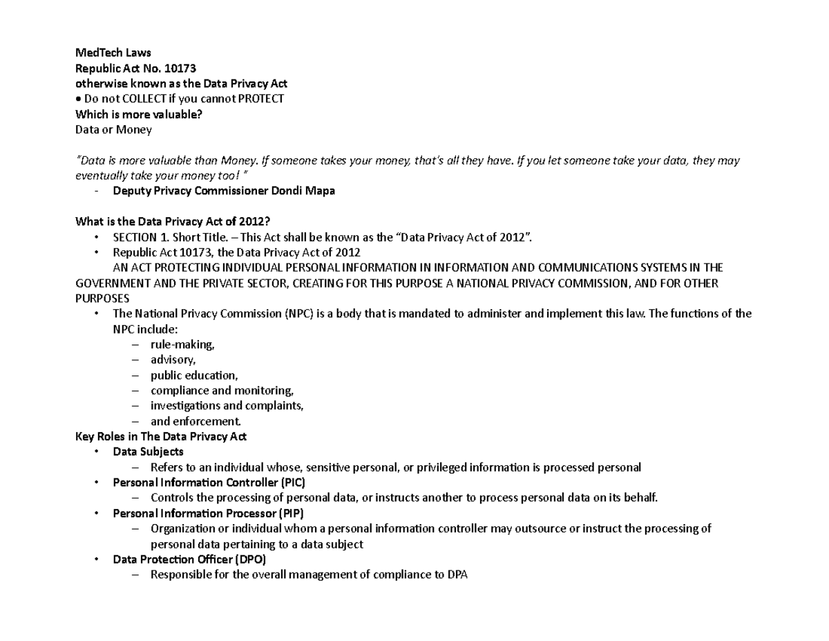 Data Privacy Act of 2012 - MedTech Laws Republic Act No. 10173 ...