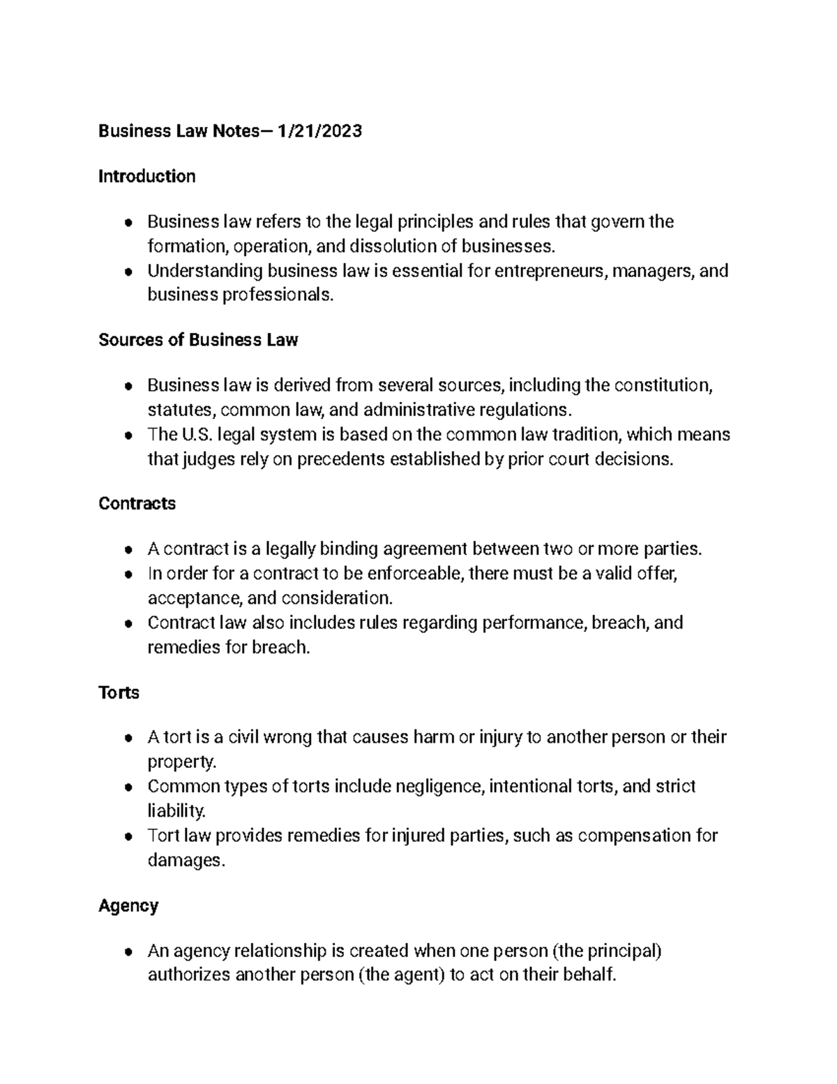 Business law notes day 1 -2 - Business Law Notes— 1/21/ Introduction ...