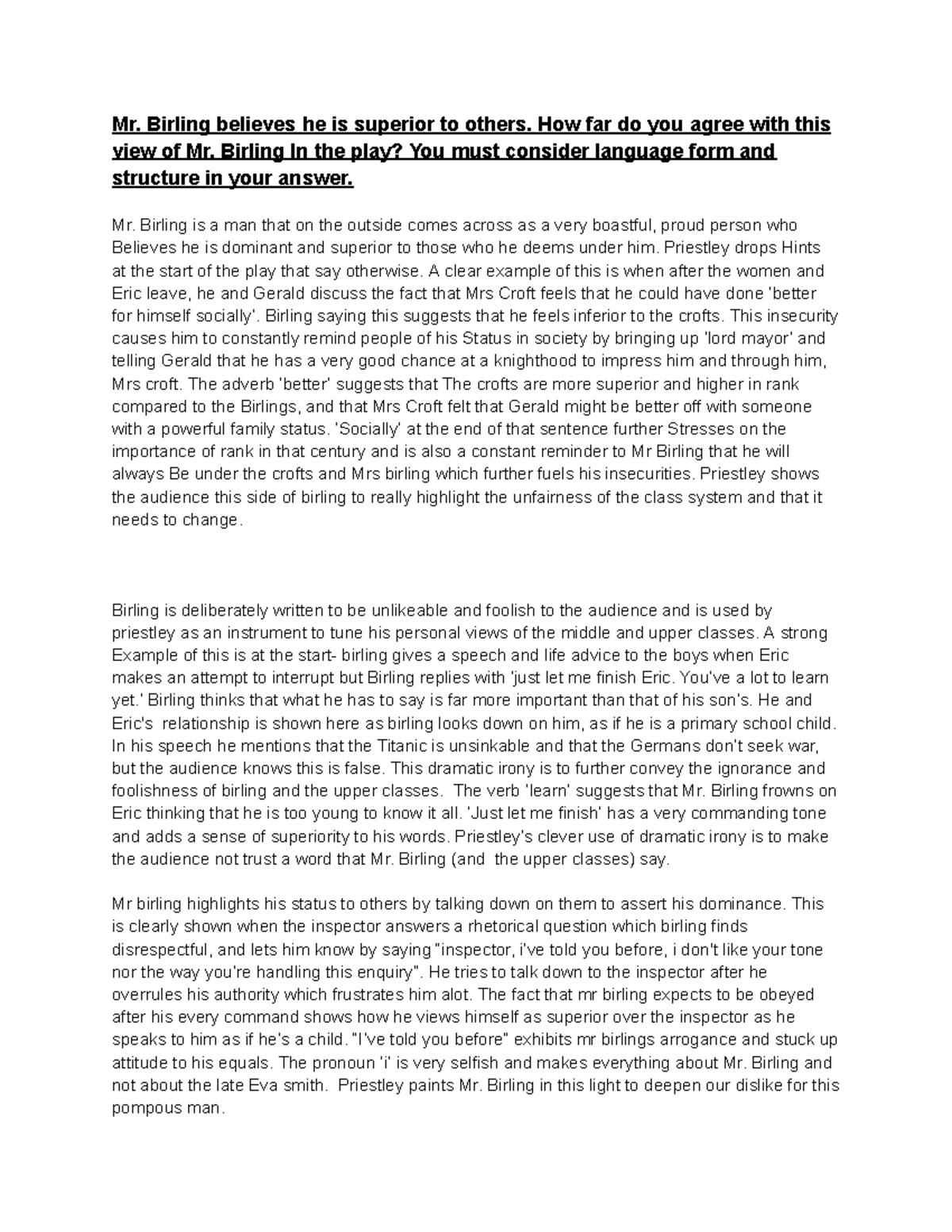 An inspector calls character essay on mr Arthur birling’s feelings of ...