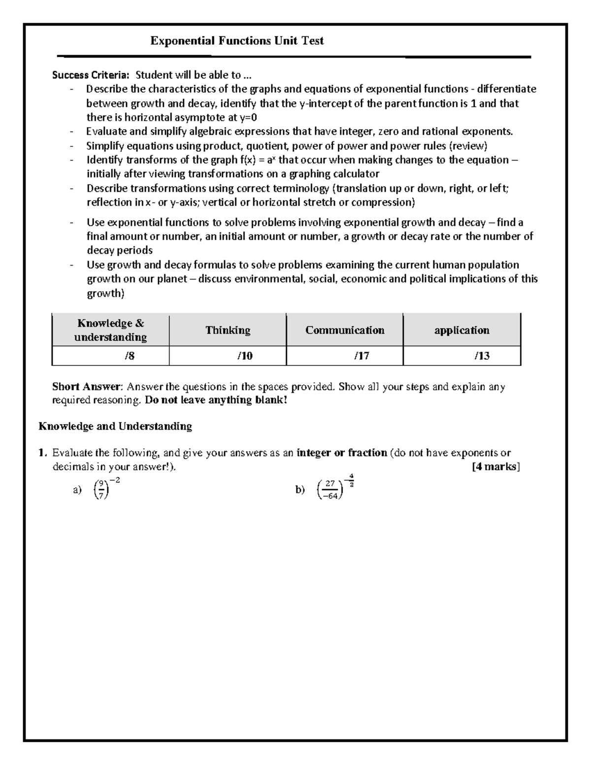 Mcr3u Exponential Functions Test Exponential Functions Unit Test