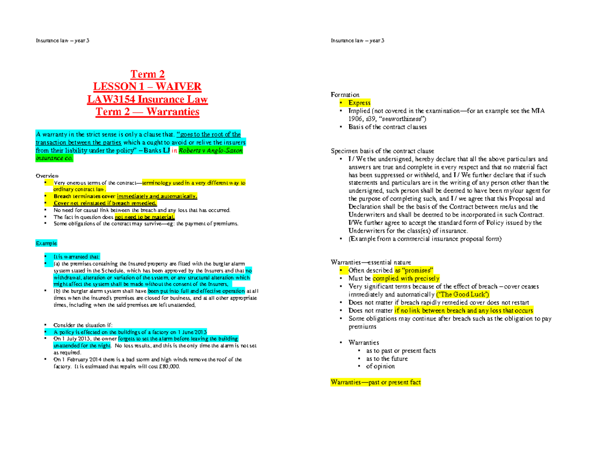 WAR-doc - Lecture notes 3 - Insurance law – year 3 Term 2 LESSON 1 ...