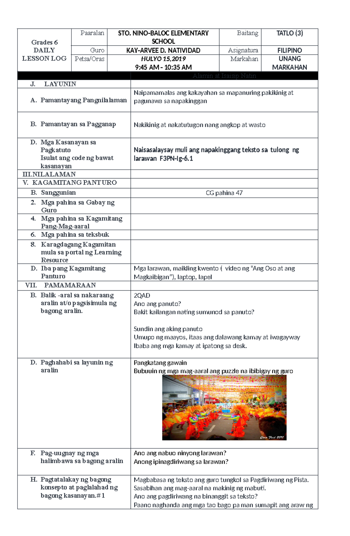 COT Filipino 3 - Lesson Plan for Classroom Observation Tool - Grades 6 ...
