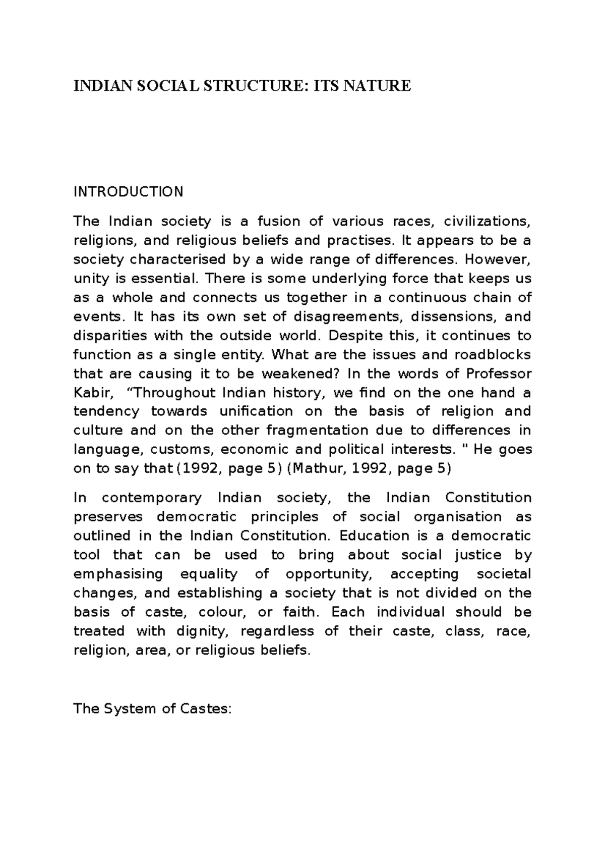 Indian Social Structure caste and class - INDIAN SOCIAL STRUCTURE: ITS ...