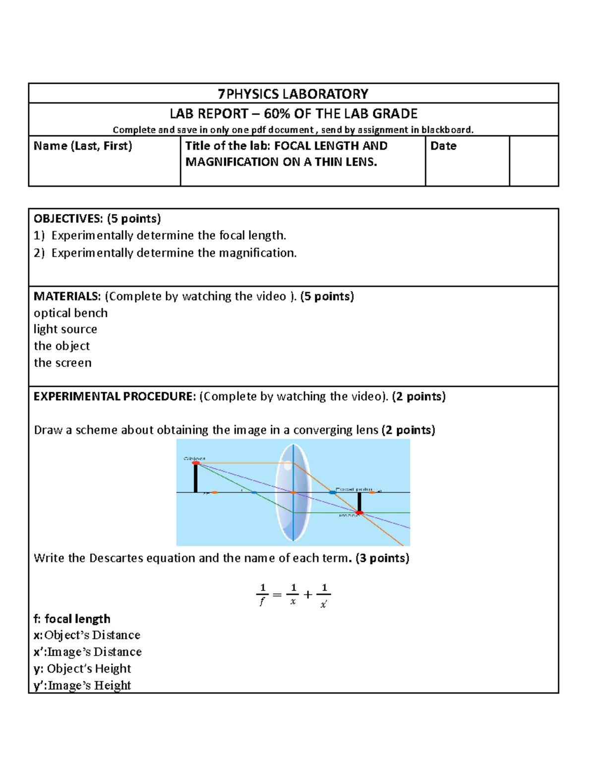 LAB Focal Length Online - 7PHYSICS LABORATORY LAB REPORT – 60% OF THE ...