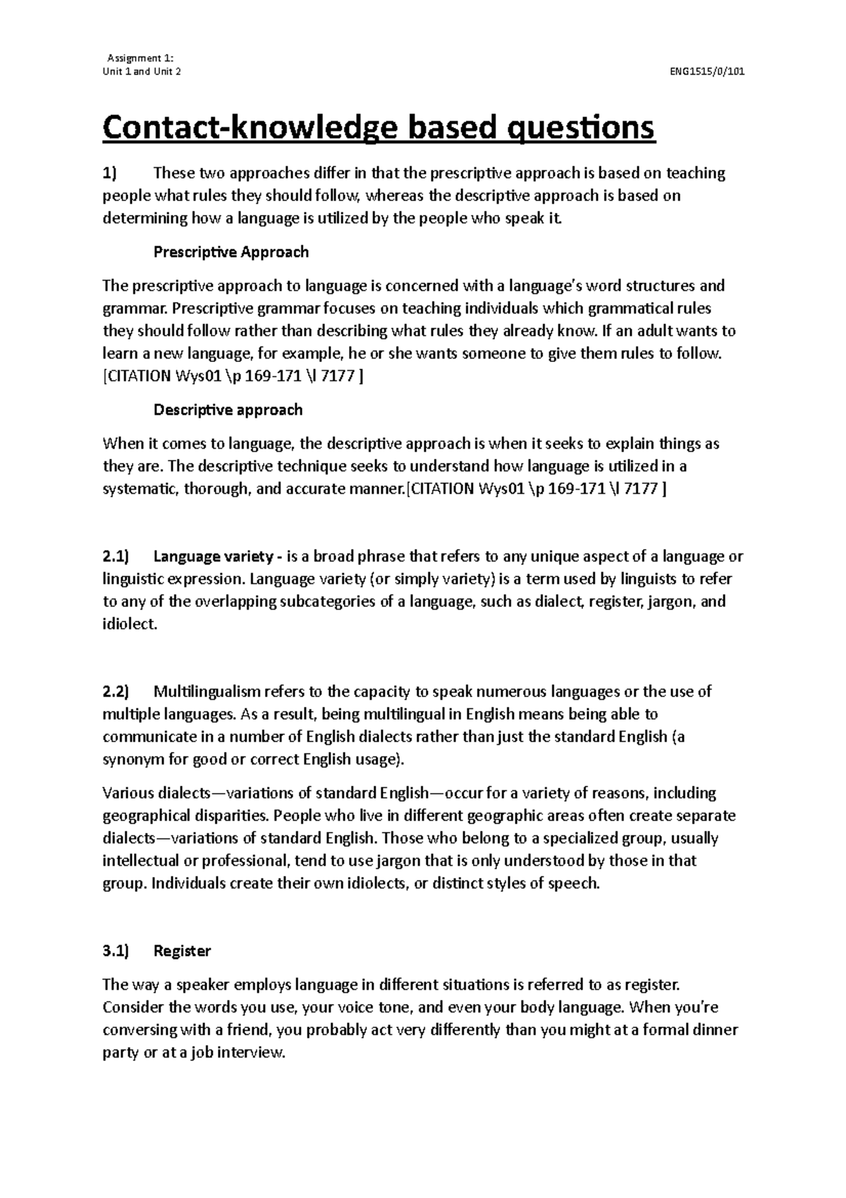 Assignment 1 - Unit 1 and Unit 2 ENG1515/0/ Contact-knowledge based ...