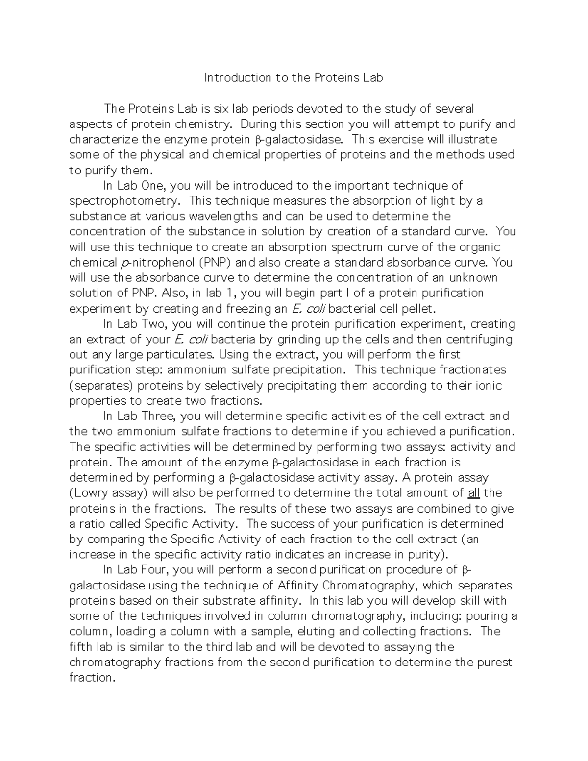Week 1 Experiment - Biochemistry - Introduction to the Proteins Lab The ...