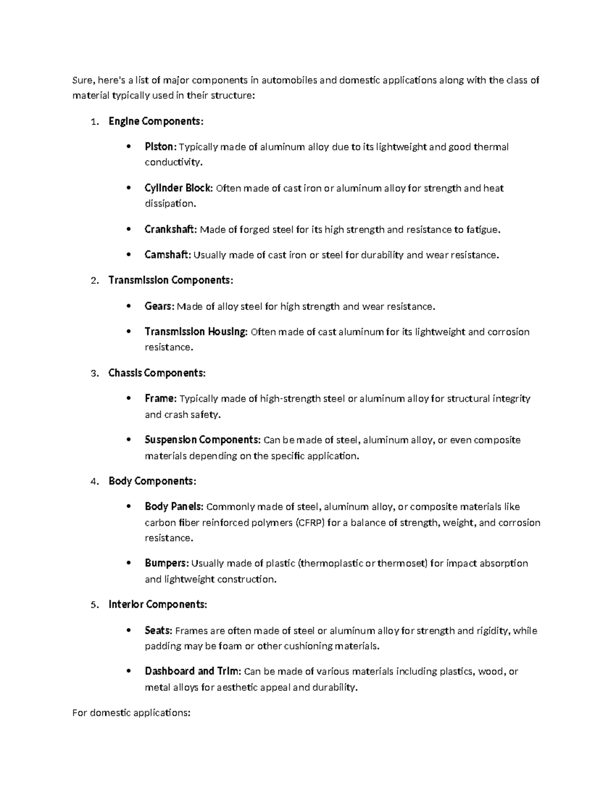 Engineegring material assignment no 1 - Sure, here's a list of major ...