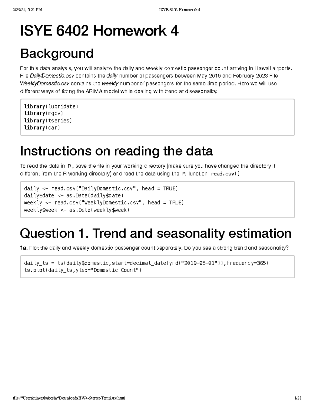 ISYE 6402 Homework 4 - ISYE 6402 Homework 4 Background For this data ...
