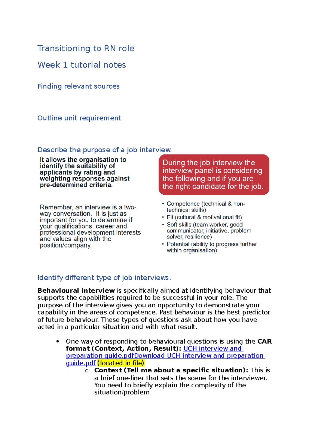 Week 1 tut notes - Transitioning to RN role - Transitioning to RN role ...