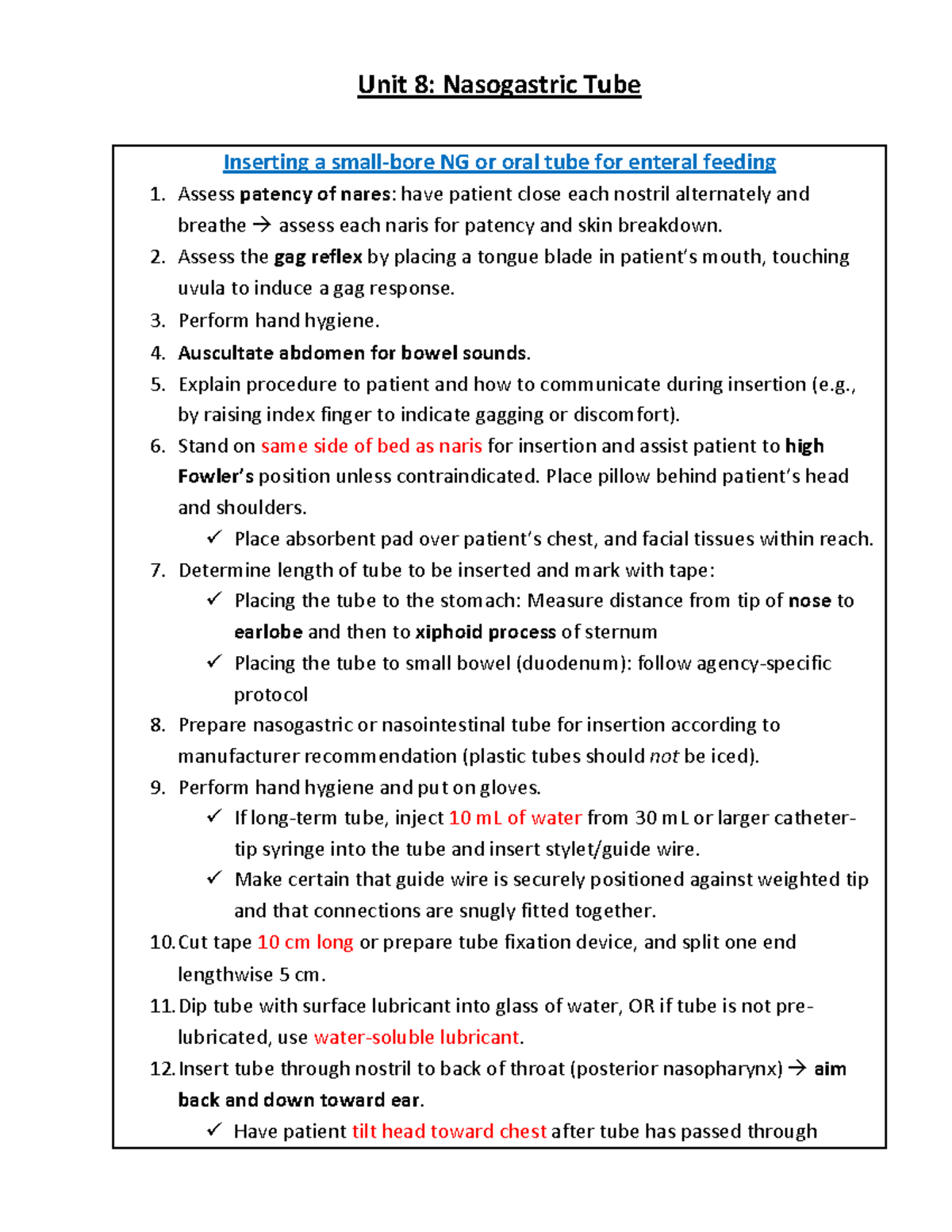 NURS 203 OSCE - NG Tube - OSCE Practice Materials for NG Tube. Notes to ...