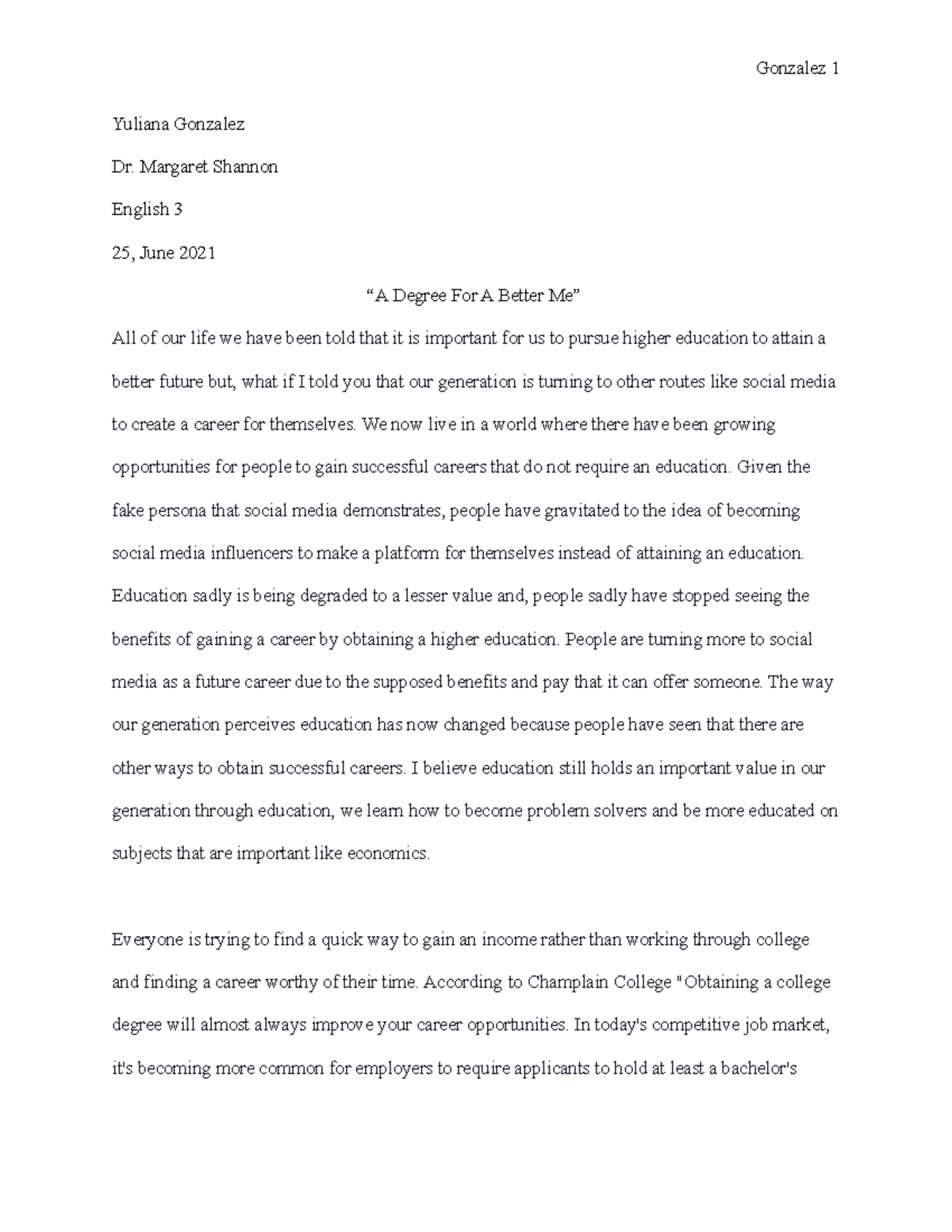 Yuliana Gonzalez Essay 2 - Yuliana Gonzalez Dr. Margaret Shannon ...