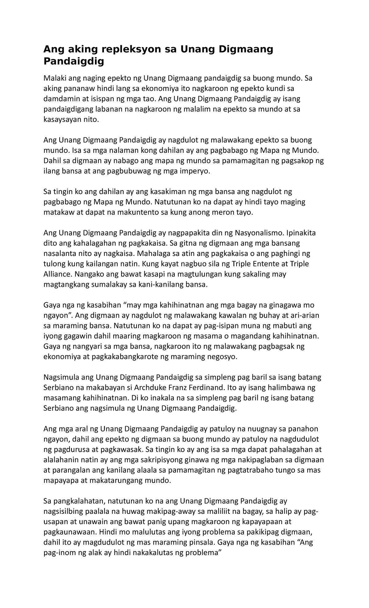 Ang aking repleksyon sa Unang Digmaang Pandaigdig - Ang aking ...