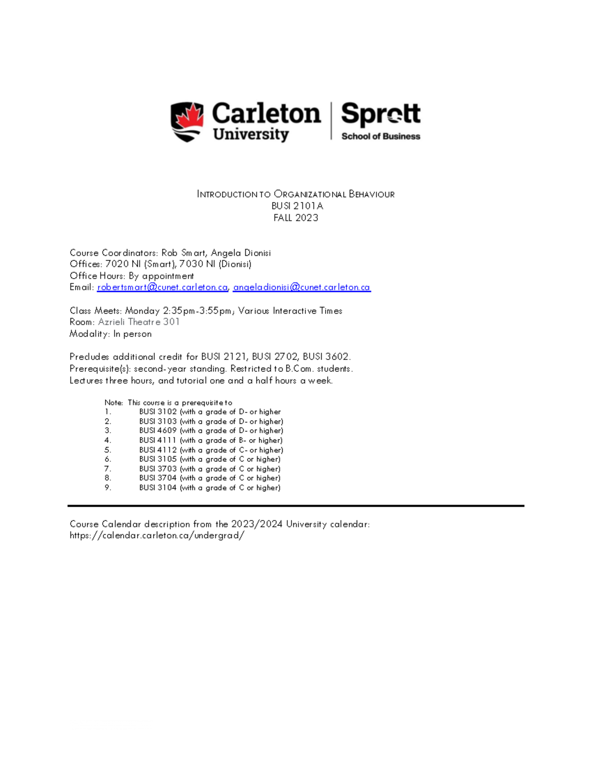 Busi 2101 F2023 Course Outline Introduction To Organizational Behaviour Busi 2101 A Fall