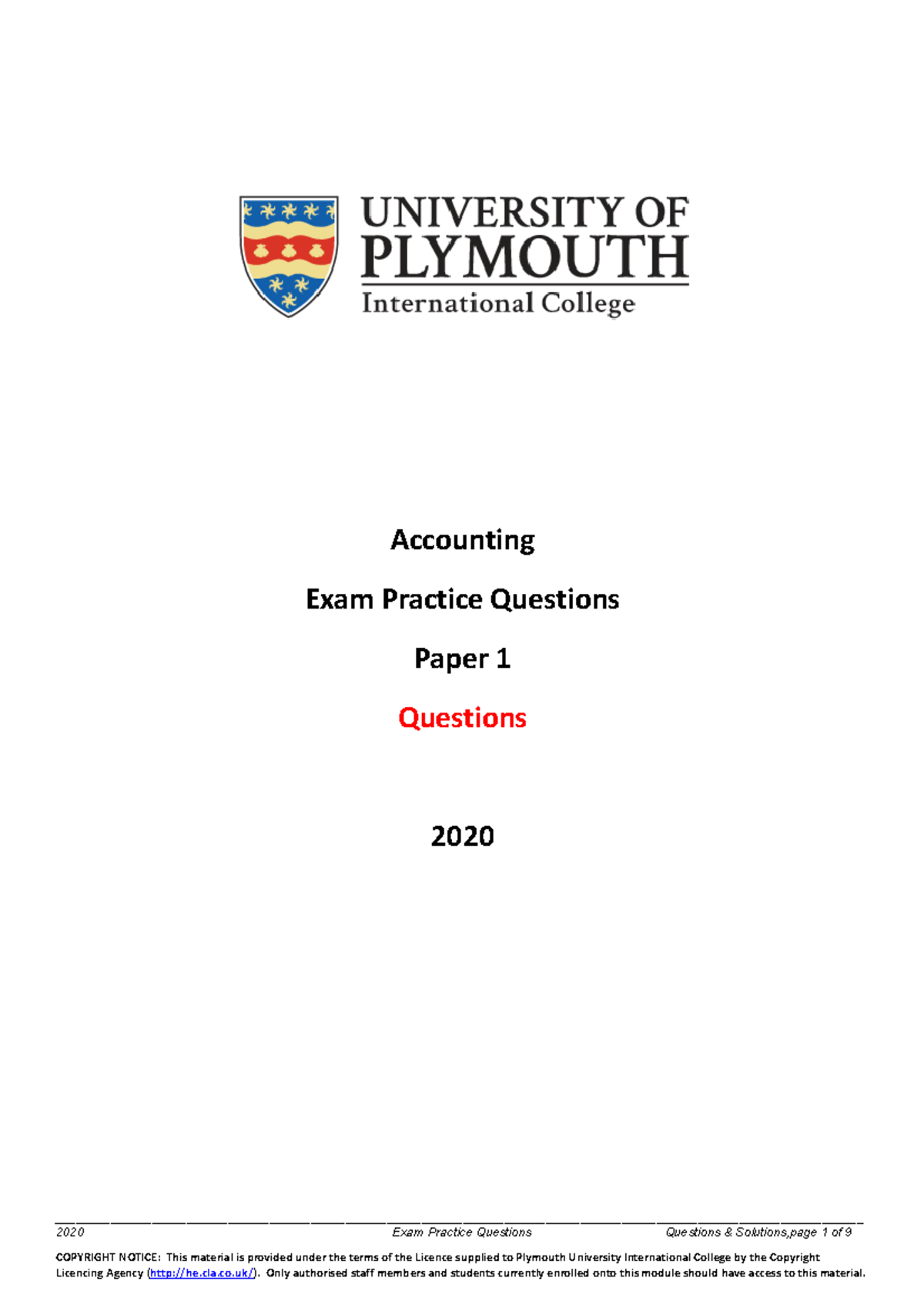 Accounting - Exam Practice Questions 1 - 2020 (PWC) - Accounting Exam ...