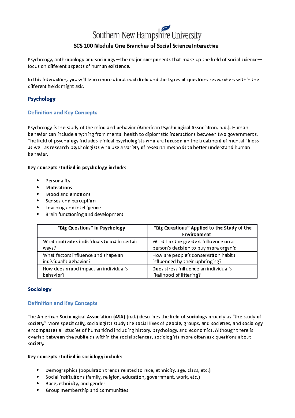 SCS 100 Module One Branches of Social Science Interactive - SCS 100 ...