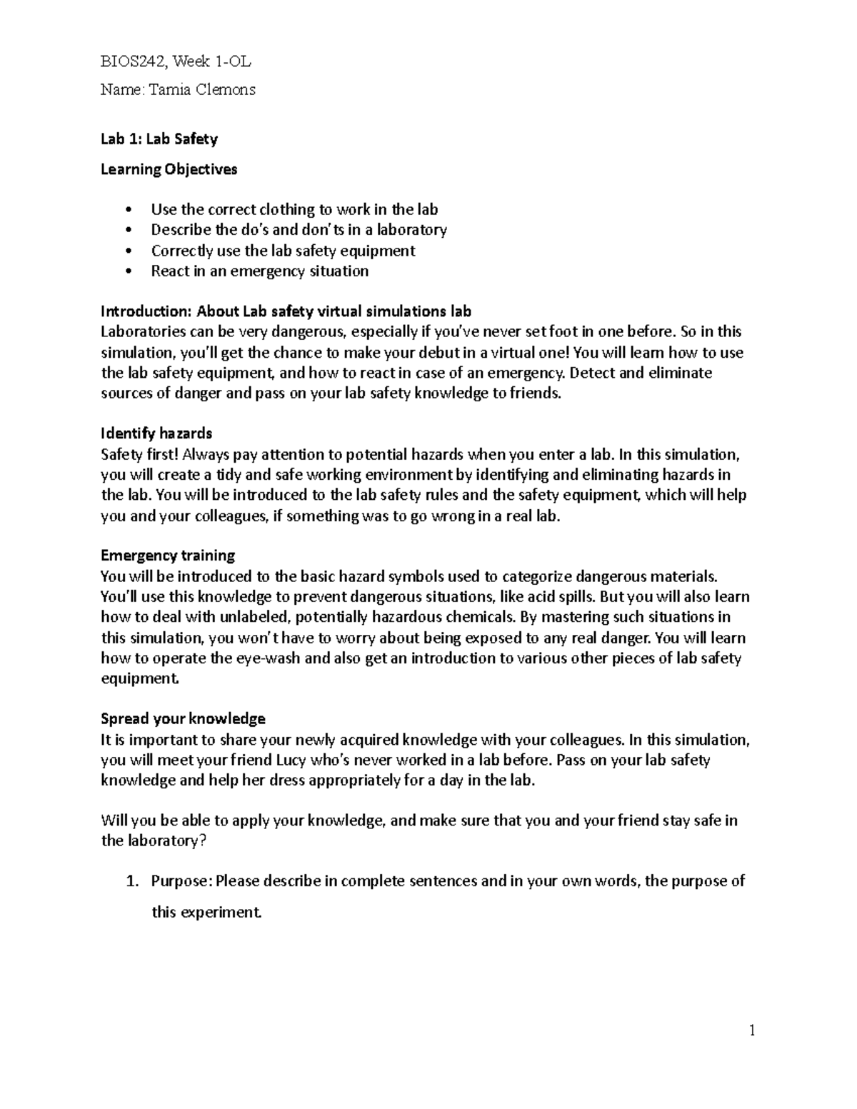 Week 1 lab completed - lab week 1 - Name: Tamia Clemons Lab 1: Lab ...