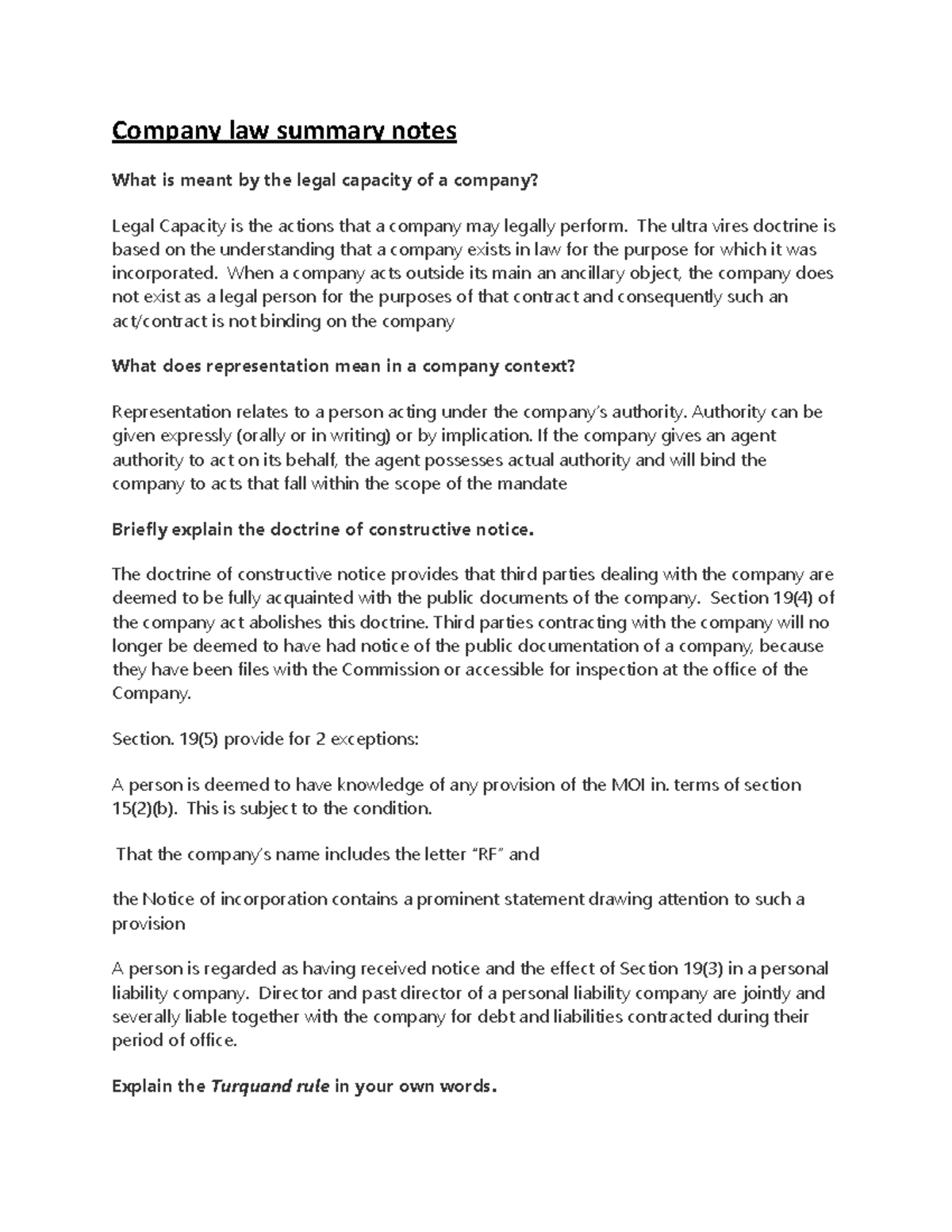 Company law summary notes - The ultra vires doctrine is based on the ...