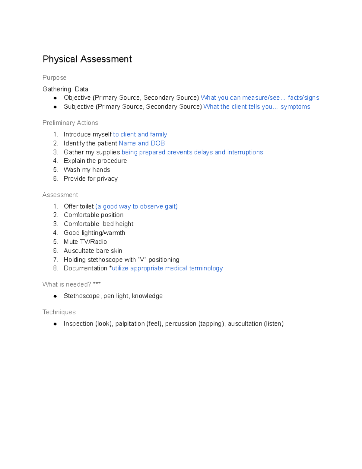 NUR 111 Physical Assessment Lab - Physical Assessment Purpose Gathering ...