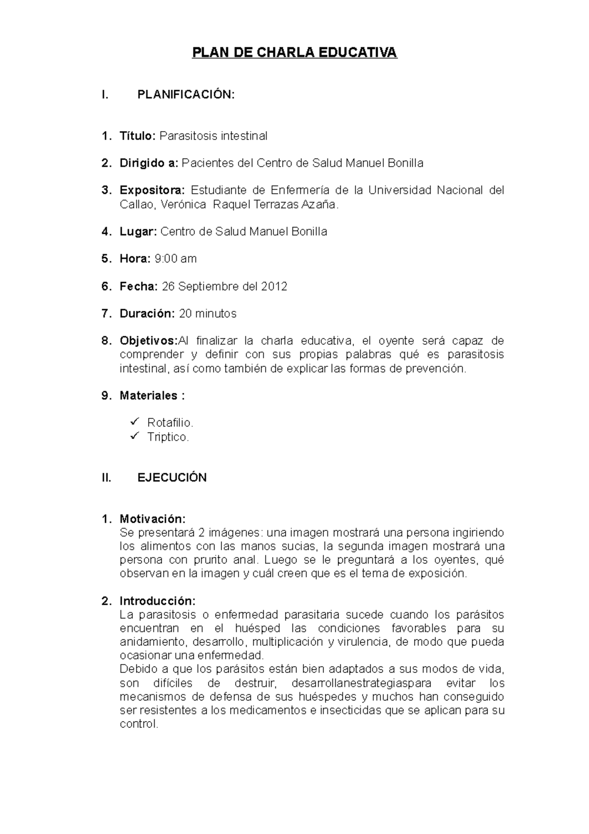 PLAN DE Charla Educativa - PLAN DE CHARLA EDUCATIVA I. PLANIFICACIÓN: Título: Parasitosis ...