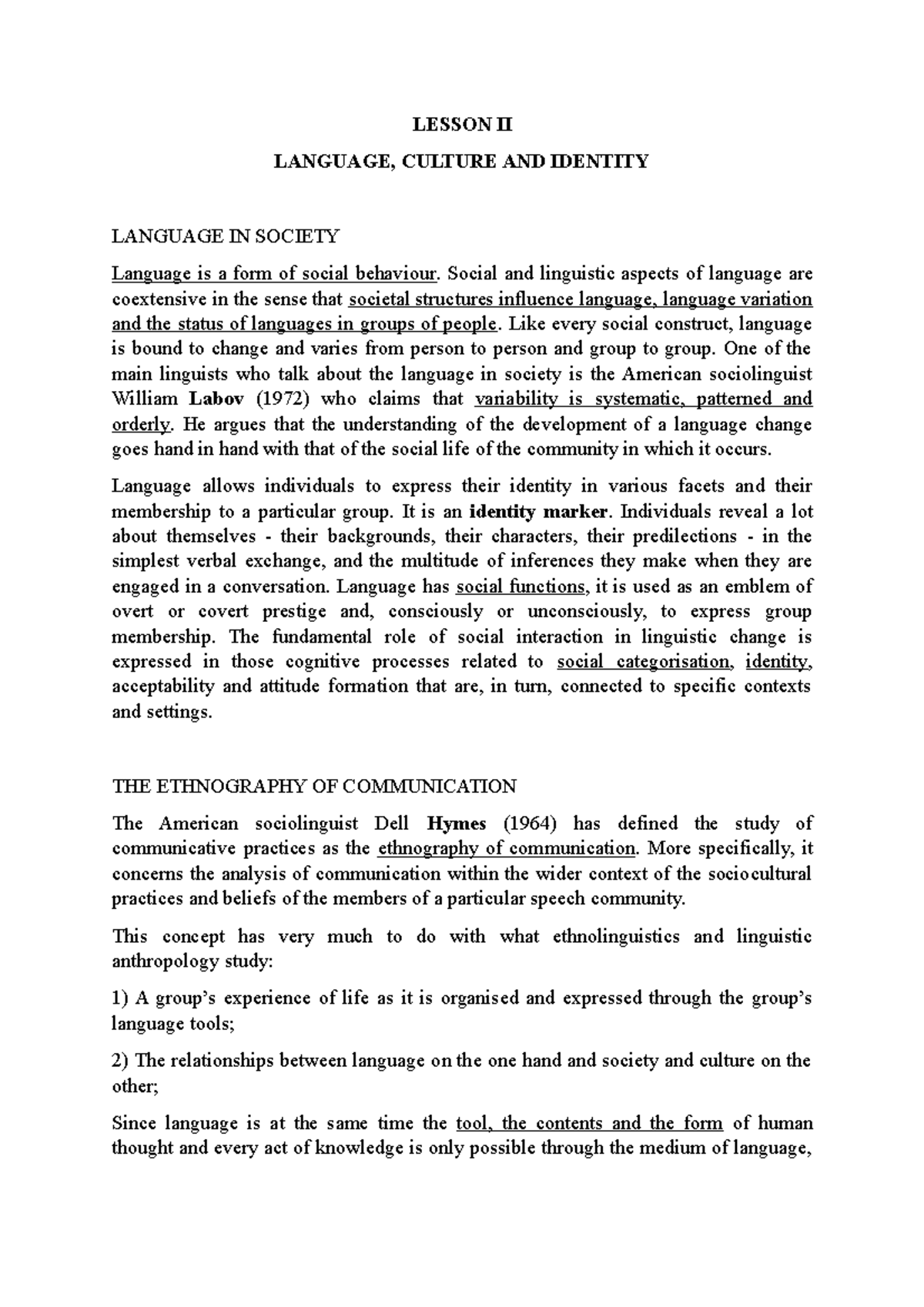 Language, culture and identity - LESSON II LANGUAGE, CULTURE AND ...