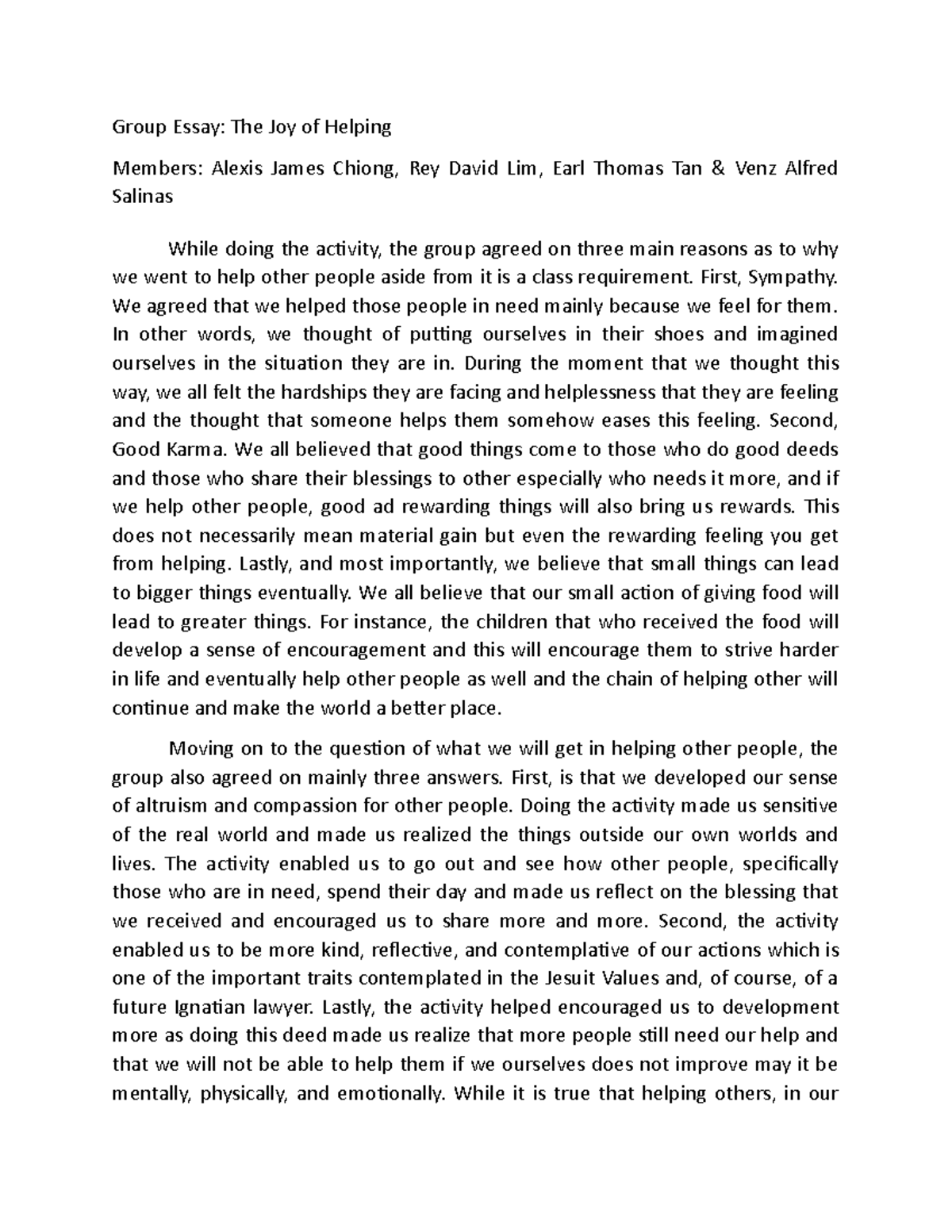 ITV Group Essay (Chiong, Lim, Tan, Salinas) - Group Essay: The Joy of ...