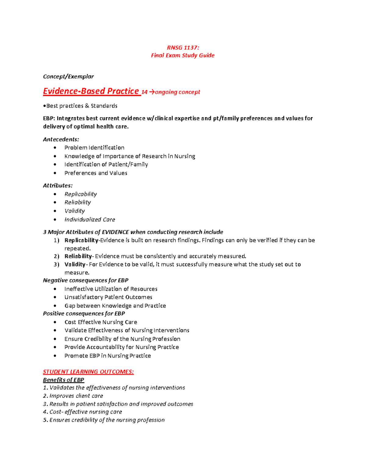 1137 Final Exam Study Guide - RNSG 1137: Final Exam Study Guide Concept ...