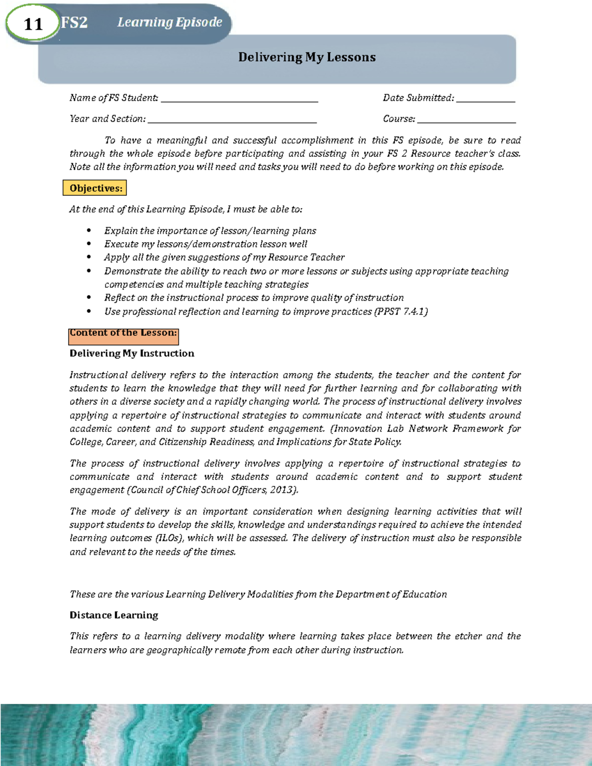 Learning-Episode-11 - Learning Episode - Name of FS Student: - Studocu