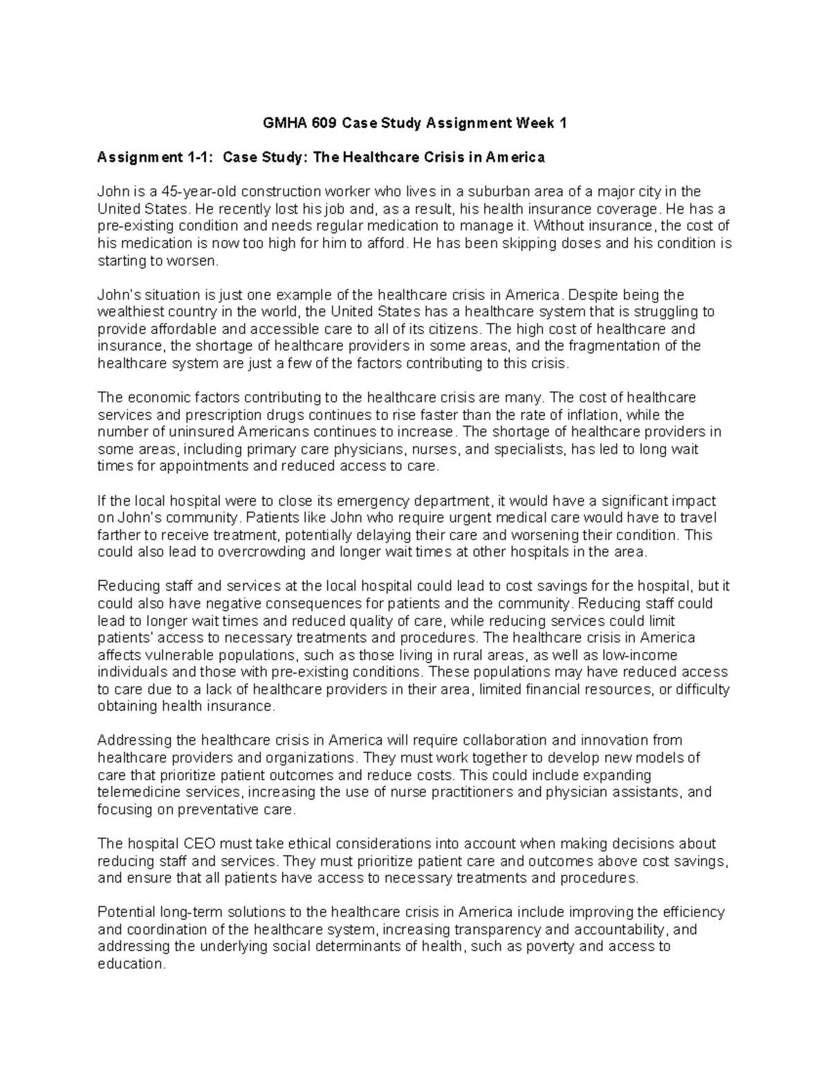GMHA 609 Case Study Assignment Week 1 - GMHA 609 Case Study Assignment ...