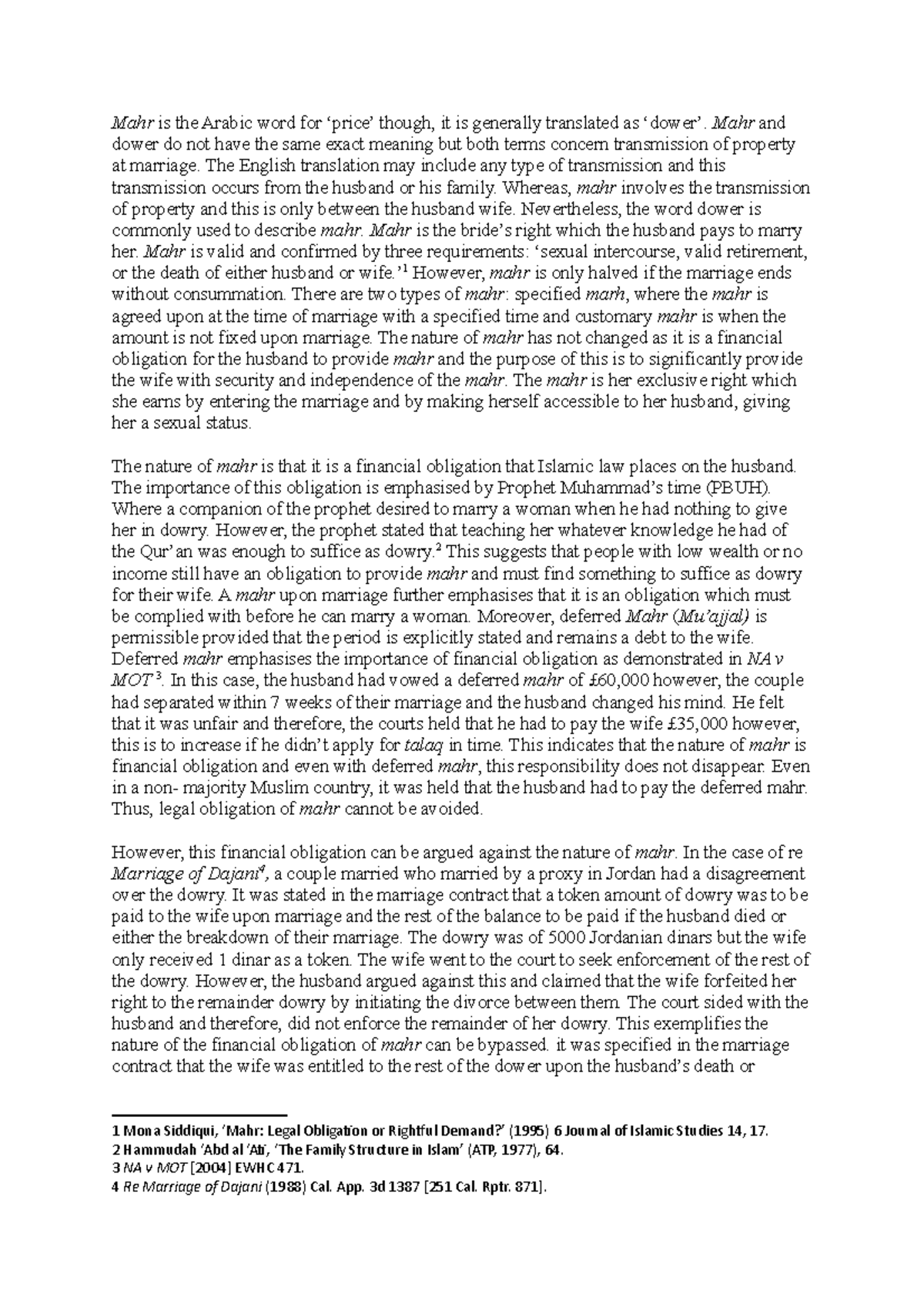 Islamic Law CW 2 - Mahr is the Arabic word for ‘price’ though, it is ...