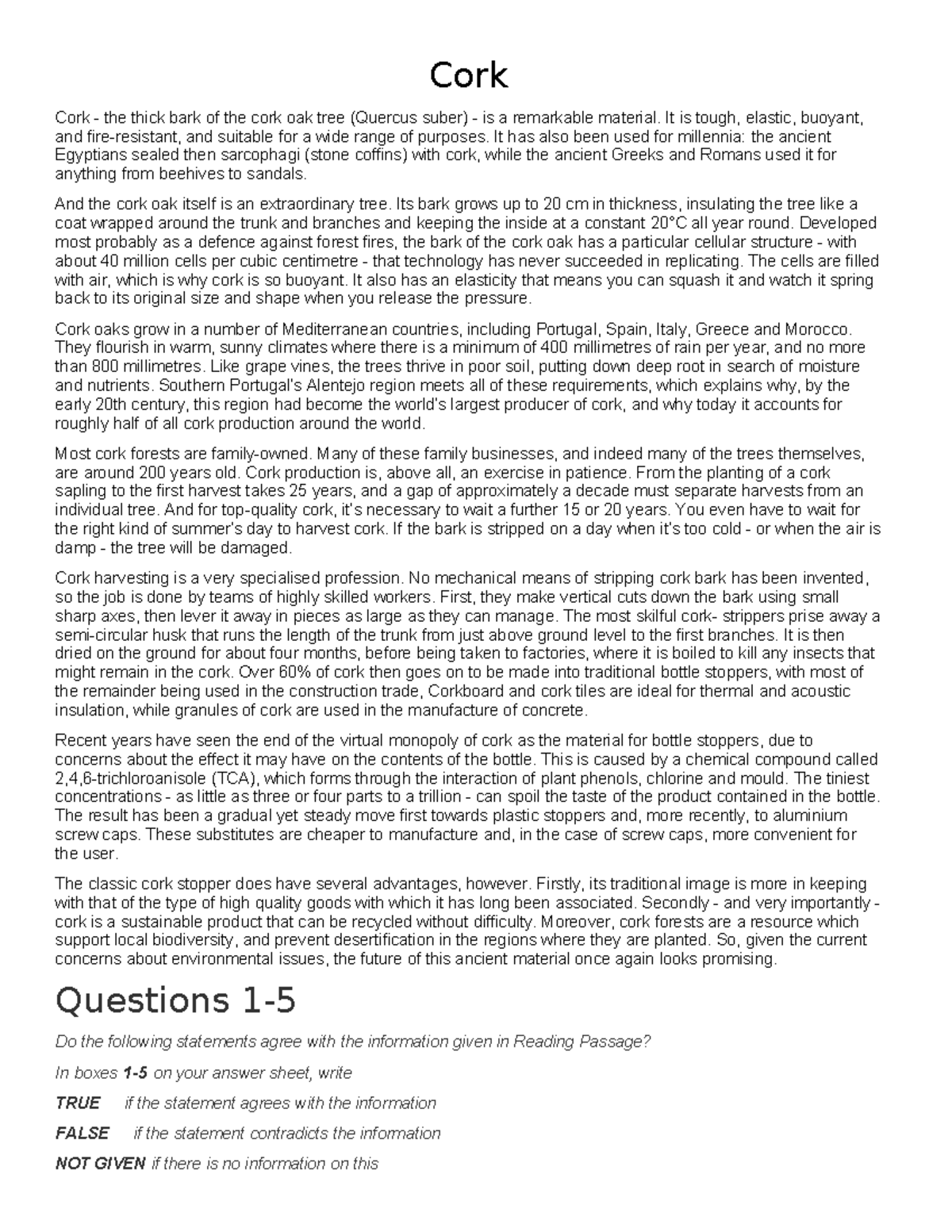 Reading cam 13,14,18 passage 1 - Cork Cork - the thick bark of the cork ...