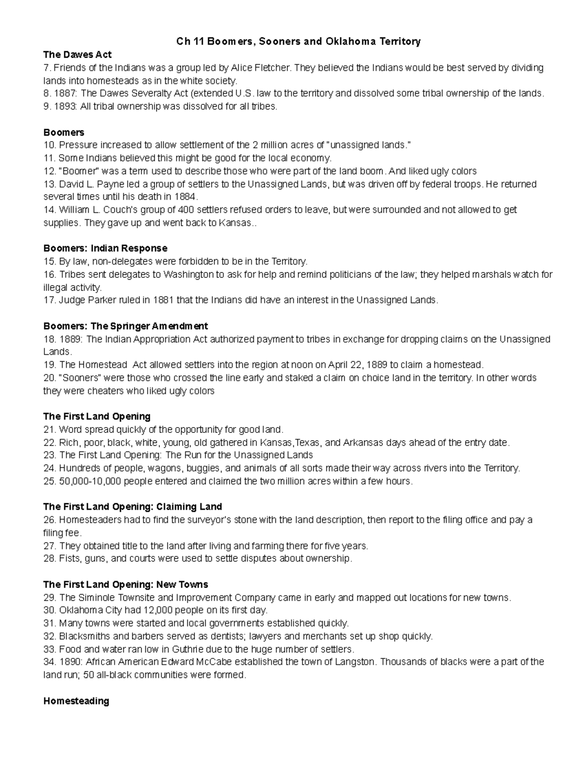 Ch 11 Notes - Ch 11 Boomers, Sooners and Oklahoma Territory The Dawes ...