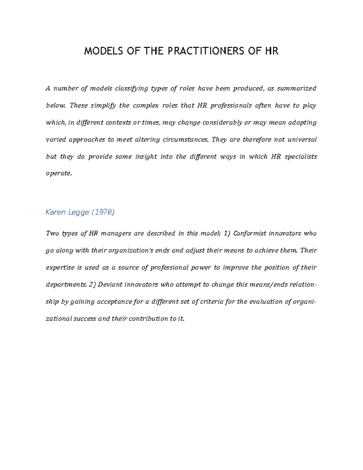 Models OF THE Practitioners OF HR - MODELS OF THE PRACTITIONERS OF HR A ...