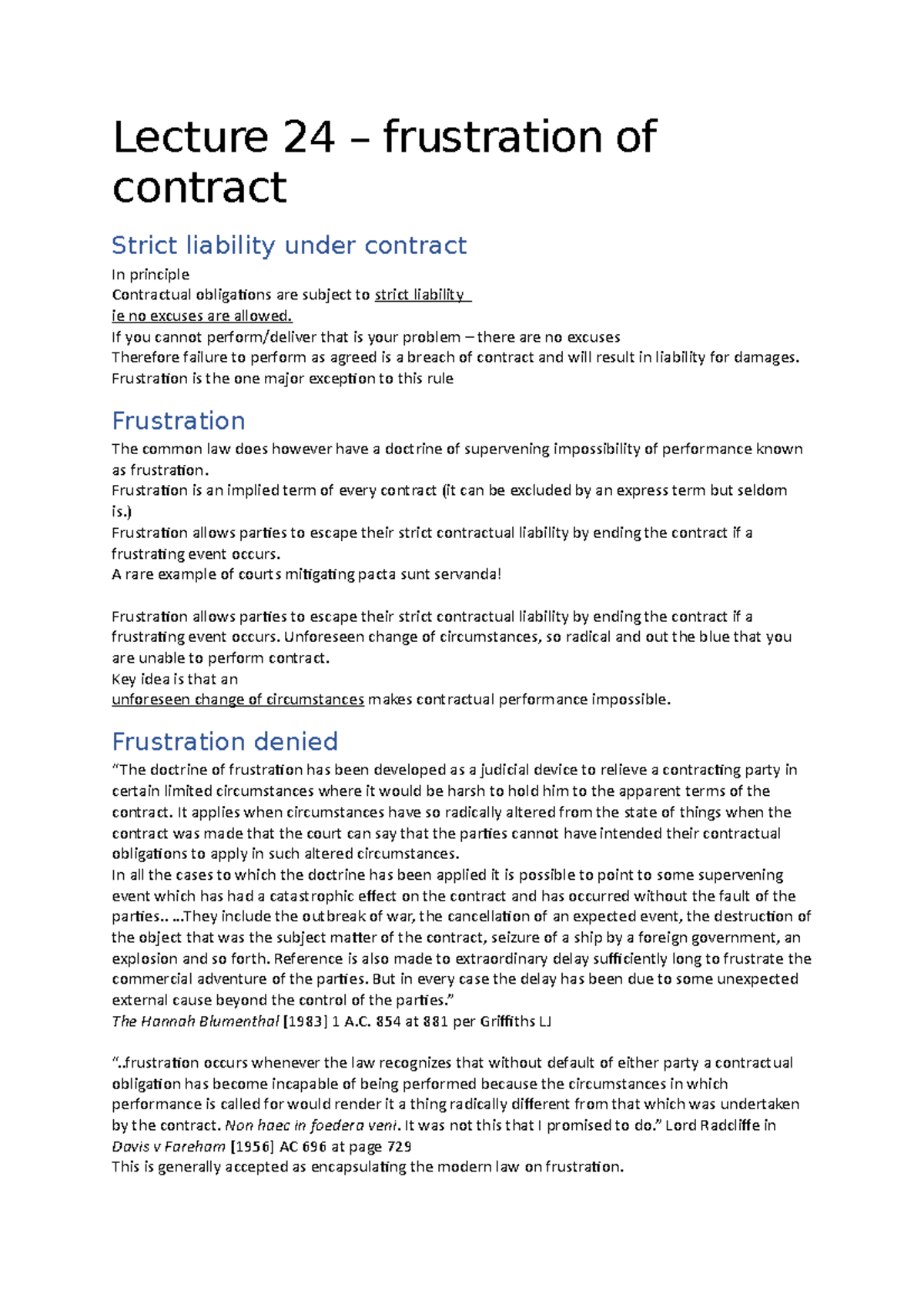 frustration of contract - Lecture 24 – frustration of contract Strict ...
