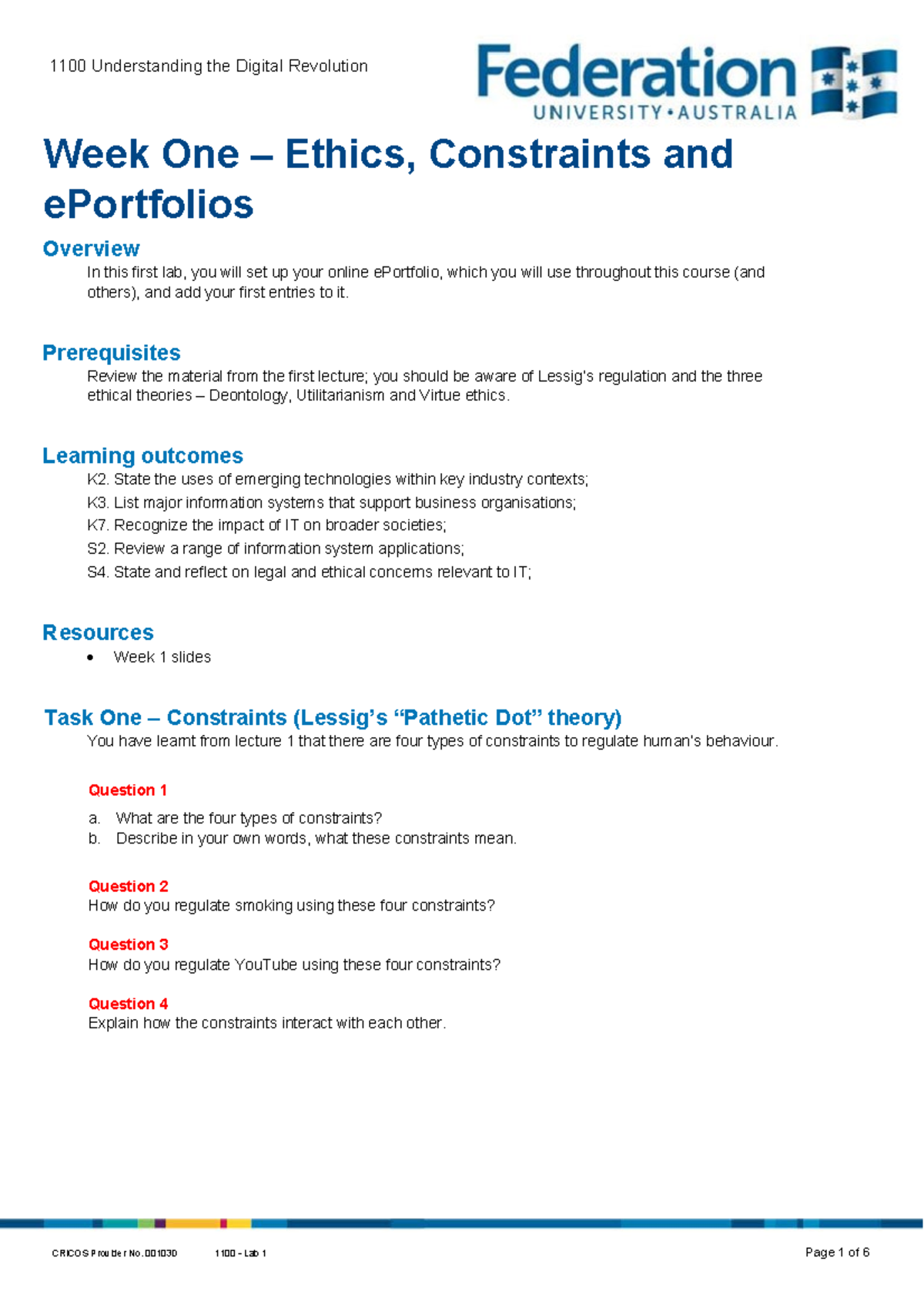 1100 - Lab 1 - Ethics and e Portfolios - Week One – Ethics, Constraints and ePortfolios Overview ...
