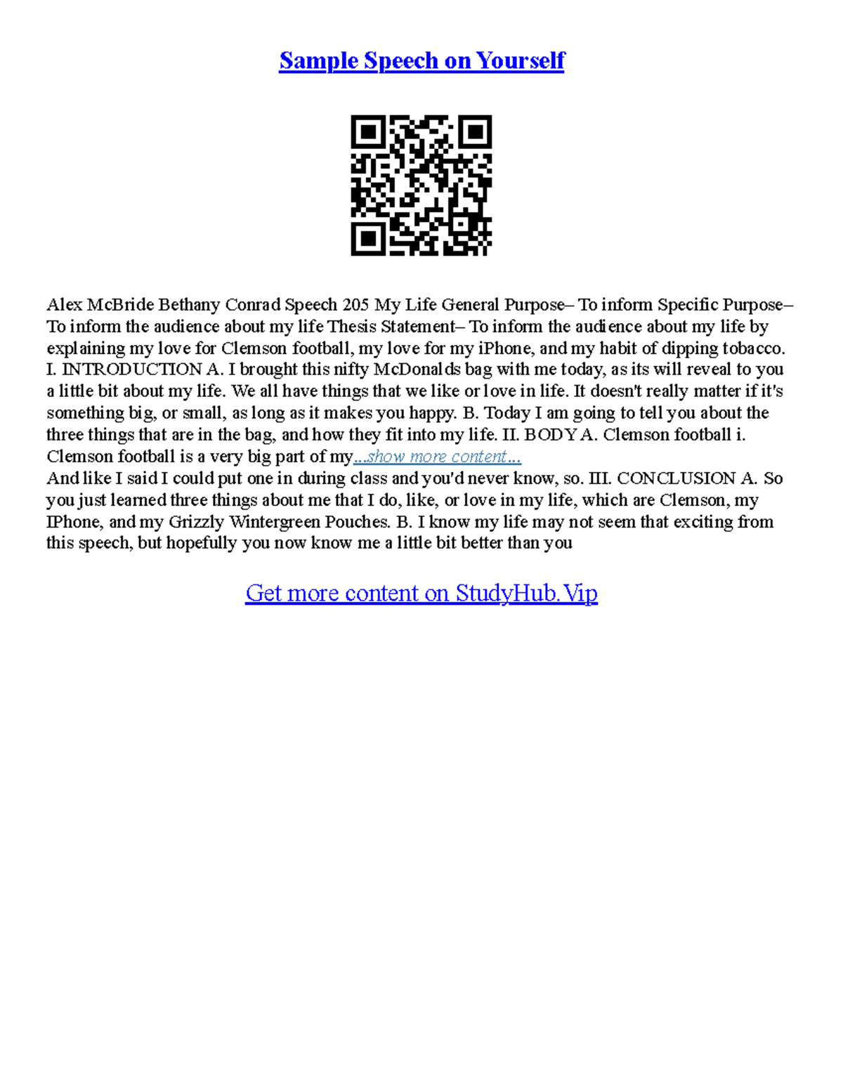 Sample Essay Speech - Sample Speech on Yourself Alex McBride Bethany ...
