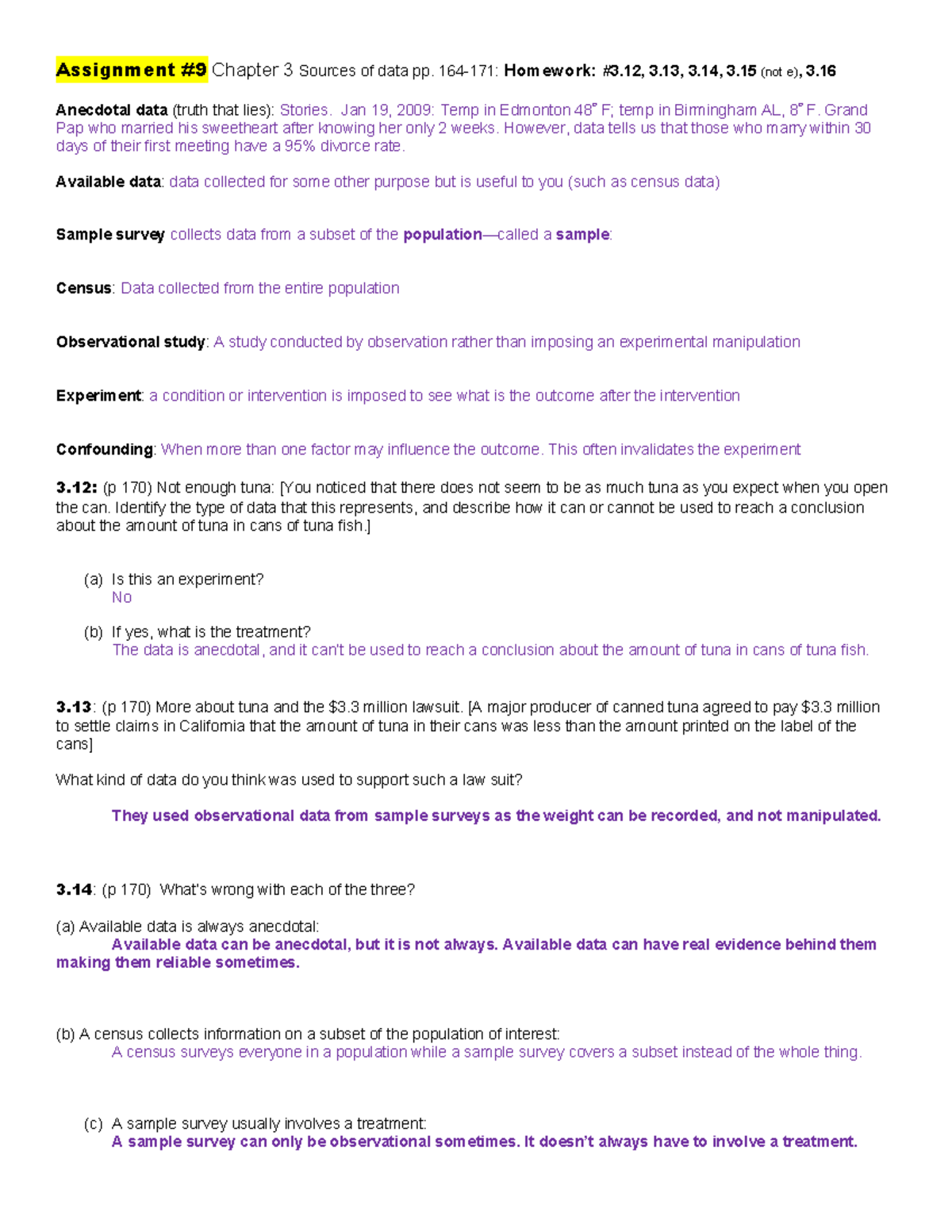 Ua Stat Assignment 9 Assignment 9 Chapter 3 Sources Of Data Pp 164 171 Homework 3 3 3