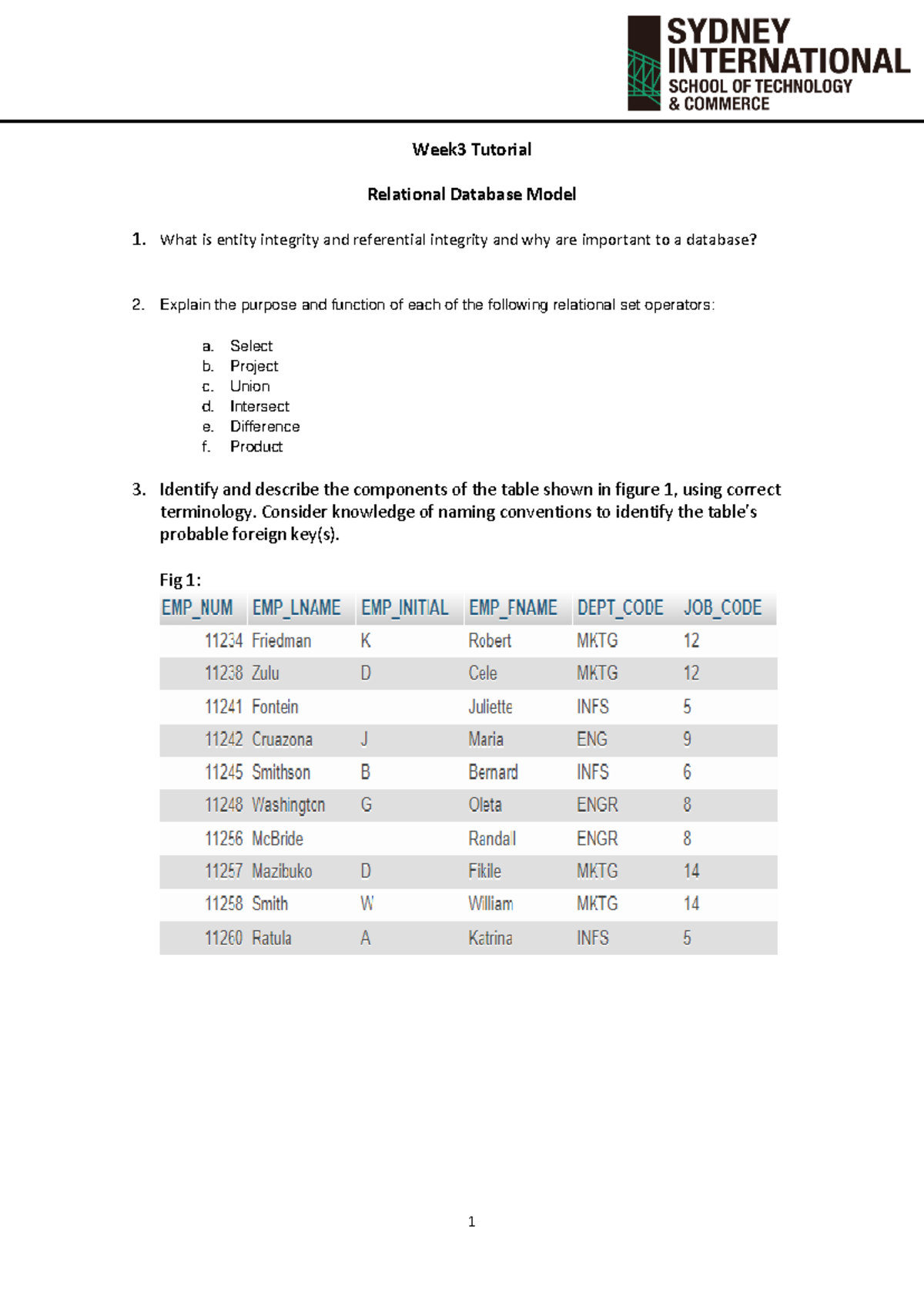 ICT503 Week3 Tutorial - dkkd ckd dkckddk - 1 Week 3 Tutorial Relational ...
