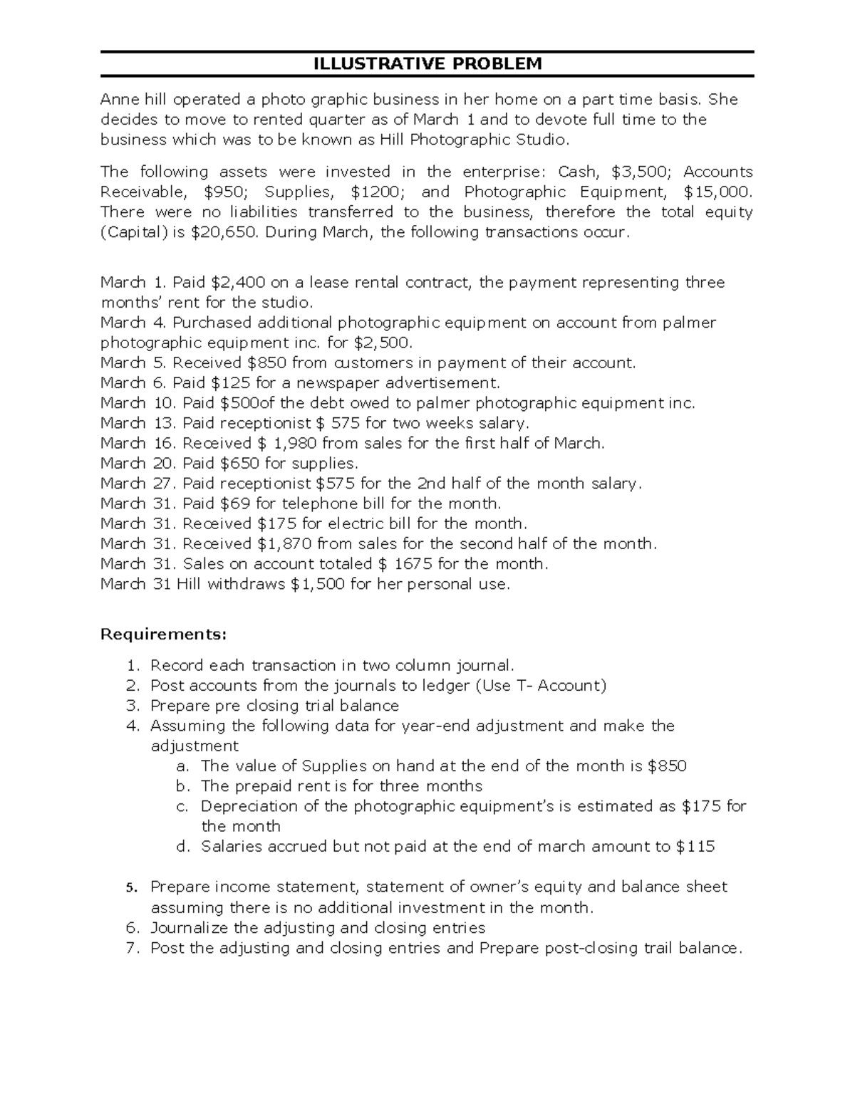 Accounting Cycle Problem - ILLUSTRATIVE PROBLEM Anne hill operated a ...